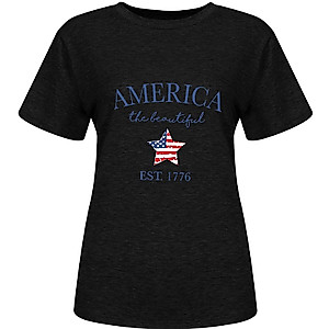 wodceeke Women's Summer Tops Star and Stripe Print Short Sleeve T-shirt Casual Loose Solid Color Independence Day Tee (Black,XL)