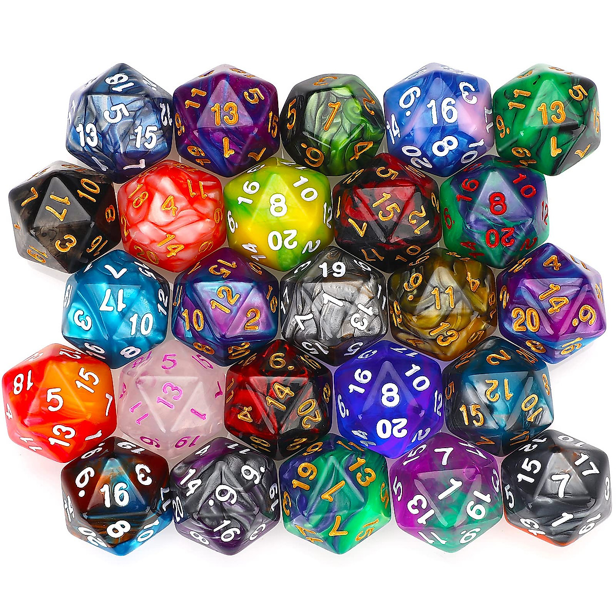 TecUnite 25 Pieces Polyhedral Dice Set with Black Pouch Compatible with RPG MTG and Others with Random Multi Colored Assortment(Star)