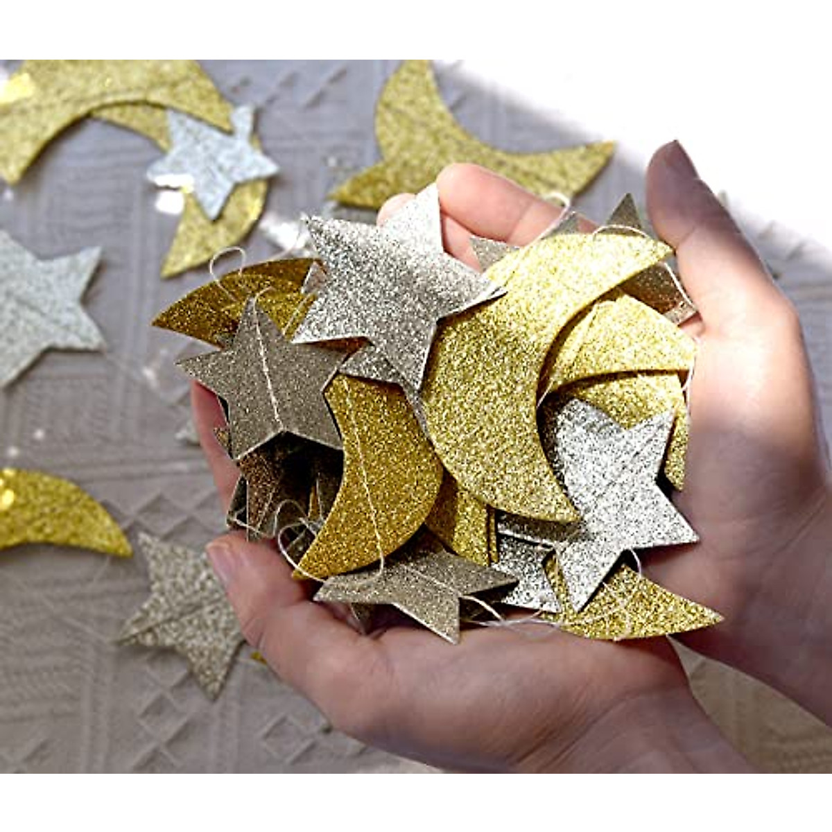 Cute Small Gold Silver Star Moon Garlands Glitter Twinkle Star Garlands Streamer for Kids Birthday/Bday Party Baby Shower Wedding Anniversary Engagement Graduation Gold Silver Party Decorations