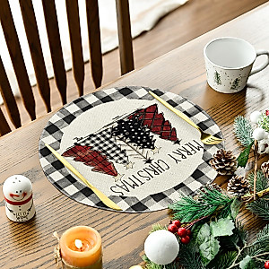 Artoid Mode Waterclor Buffalo Plaid Christmas Trees Merry Xmas Round Placemats Set of 4, 15 Inch Seasonal Winter Round Table Mats for Dining Decoration