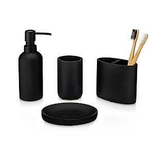 Essentra Home Matte Black Bathroom Accessory Set. Complete Set Includes: Soap Dispenser with Black Pump, Toothbrush Holder, Tumbler and Soap Dish