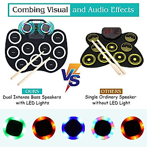 Costzon 9 Pads Electronic Drum Set with LED Light, Portable Roll up MIDI Drum Practice Pad w/Bluetooth, 7 Tones & Rhythms, 10 Demos, Foot Pedals, 2 Built-in Speakers, for Beginners Kids (Black)