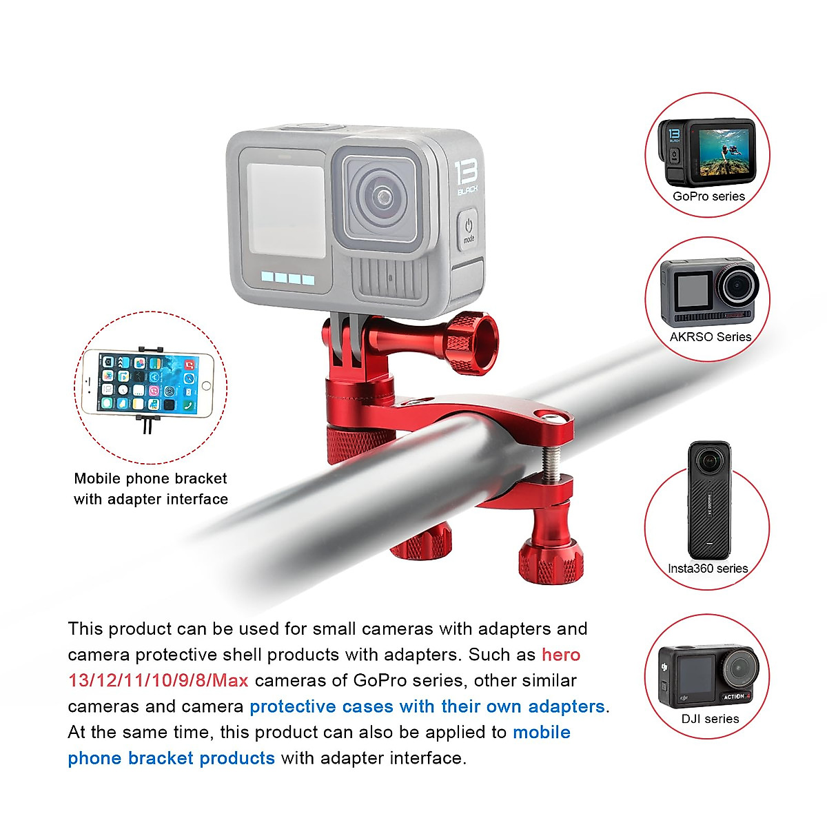 Forevercam Bike Handlebar Mount for Gopro Hero 13/12/11/10/9/8/Insta360/AKASO/DJI Osmo Aluminum Bike/Motorcycle Mount 360°Rotation and Lock Any Direction（Red）