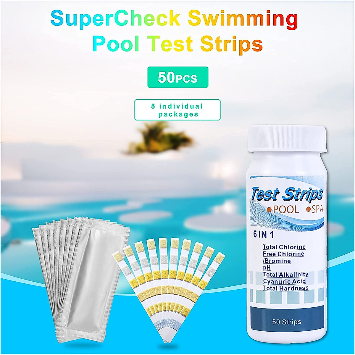 SuperCheck 6-Way Spa Test Strips for Hot Tub, 7 Parameters, 50 Count, Hot Tub Test Strips for Chlorine, Bromine, pH, Alkalinity, Cyanuric Acid and Hardness Levels in Pool and Spa, Test Kit for Pools