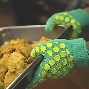 J H Heat Resistant Oven Gloves: EN407 Certified 932 °F, Bluish Green Shell with Yellow Silicone Coating, BBQ & Oven Mitts for Cooking, Kitchen, Fireplace, Smoking, Grilling, Baking, Women Fits All