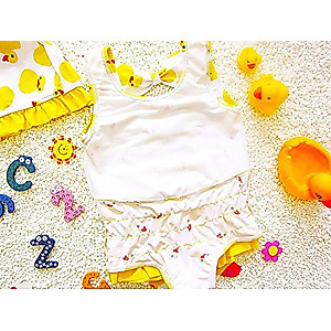 WINZIK Baby Girls One Piece Swimsuit Cute Duck Print Toddler Kids Swimwear Beachwear Bathing Suit Summer Clothes with Hat (12-18 Months, Yellow)