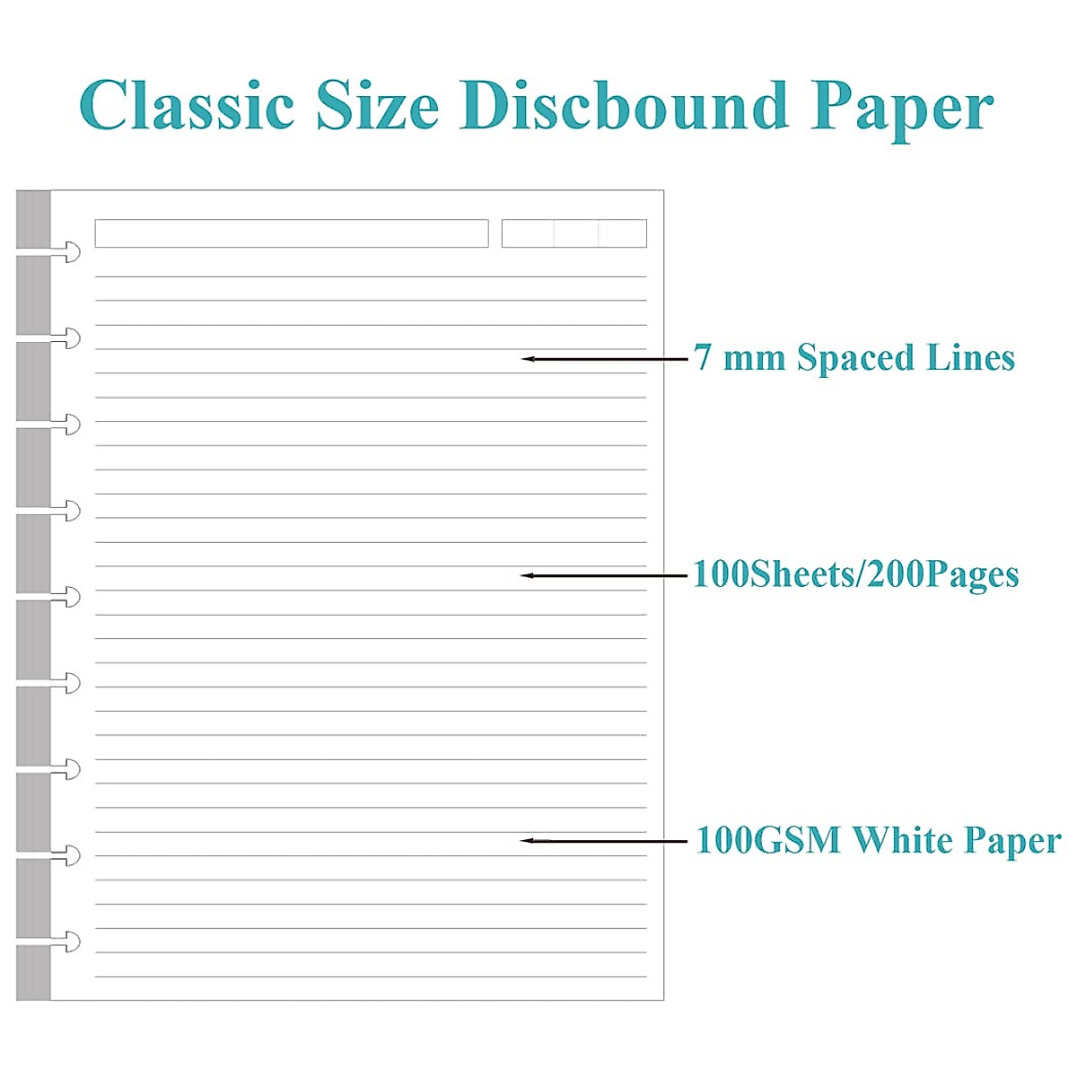 ZGMJ Classic Size Discbound Lined Refill Paper, 9-Disc Discbound Pre-punched Happy Planner Inserts, 100Sheets/200Pages Loose-Leaf Paper, 100gsm White Paper, 7x9.25 in