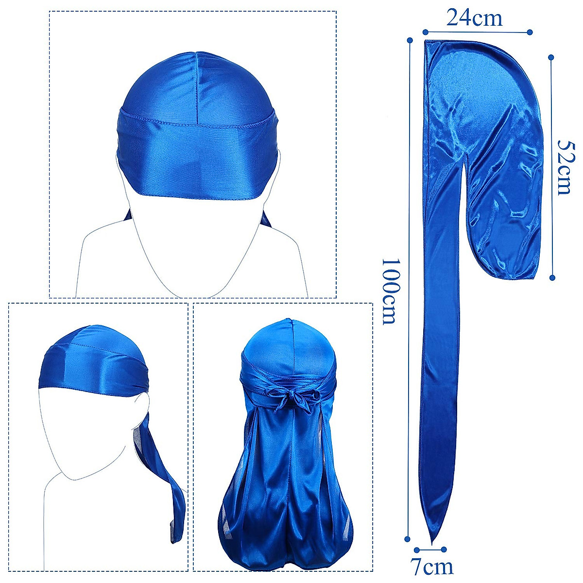 SATINIOR 12 Pieces Silky Durag Long Tailed Turban Headwear Beanie Cap Headwraps for Men Women Running Fitness Cycling Hiking Camping, Multiple Colors, Multicoloured, Medium