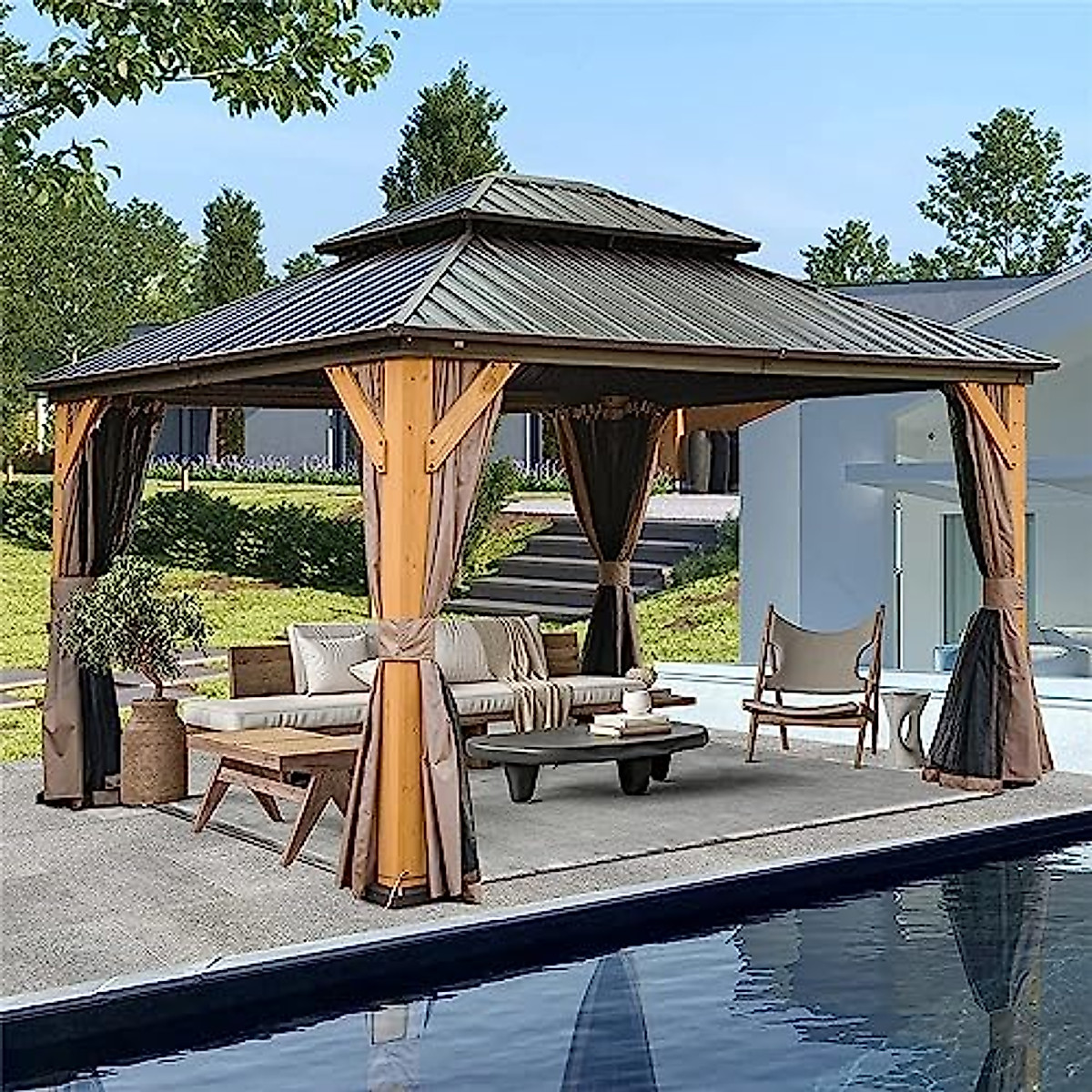 RITSU 12'x14' Gazebo, Hardtop Cedar Wood Frame Outdoor Canopy with Galvanized Steel Double Roof, Outdoor Permanent Metal Pavilion with Curtains and Netting for Patio, Backyard and Lawn, Brown