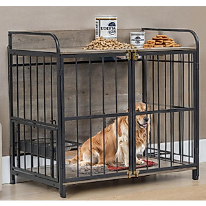 Merax 39” Heavy Duty Large Dog Crate Indoor Furniture, Wooden Metal Kennel Pet Cage with Double Doors & Adjustable Feeder Stand & Side End Table Storage, Grey