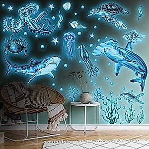 4 Pieces Glow in The Dark Ocean Wall Decals Under The Sea Wall Decals Fish Wall Decals PVC Sea Animals Wall Stickers for Kids Room Living Room Nursery Bathroom Decoration