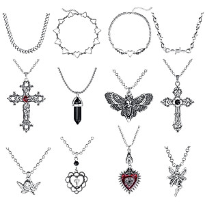 FIASASO 12Pcs Grunge Goth Necklace Set for Women Teen Cool Y2k Grunge Jewelry Gothic Cross Evil Eye Butterfly Crystal Angel Heart Wing Chain Choker Necklace Y2k Accessories silver