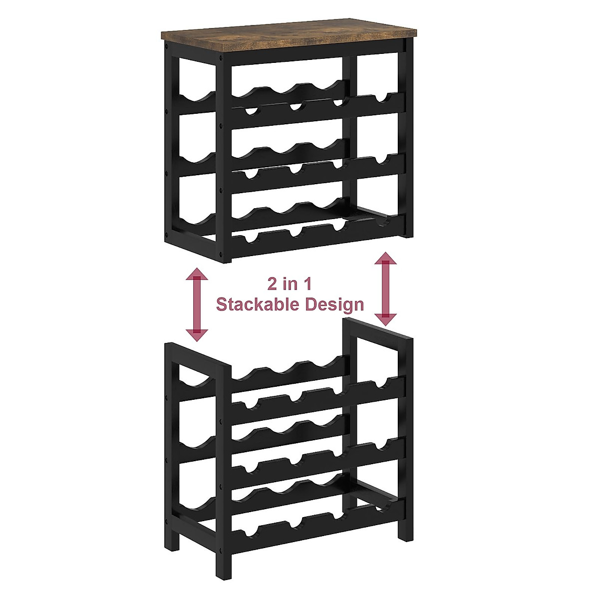 MOGELAFOO 6 Tier Bamboo Wine Rack Freestanding Floor, 24 Bottles Wine Storage Shelves with Table Top, Stackable Wine Display Rack for Kitchen, Bar, Dining Room, Rustic Brown and Black