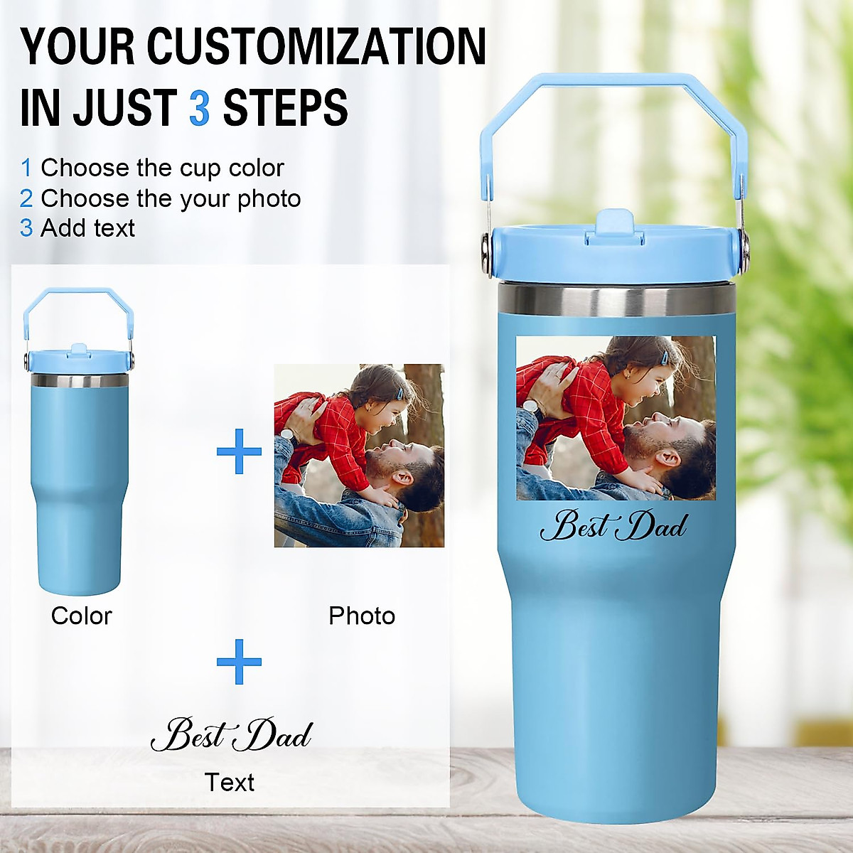 Personalized Custom 30oz Insulated Tumbler with Handle, Featuring a Leak-proof 2-in-1 Lid and Straw, Custom Travel Coffee Mug, Personalized Photo Gift for Women and Men