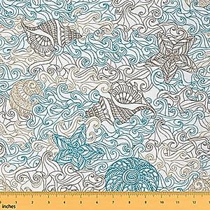 Nautical Upholstery Fabric for Chairs, Ocean Waves Fabric by The Yard, Boho Sea Shell Decorative Fabric, Exotic Nature Starfish Outdoor Fabric, Dreamy DIY Waterproof Fabric, Teal, 3 Yards