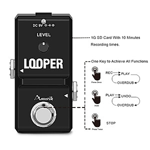 Amuzik Tiny Looper Effect Pedal Loop Pedal for Electric Guitar, Guitar Effects Pedal, 10 Minutes of Looping Unlimited Overdubs 1G SD Card Inside Easy and Quick, Black
