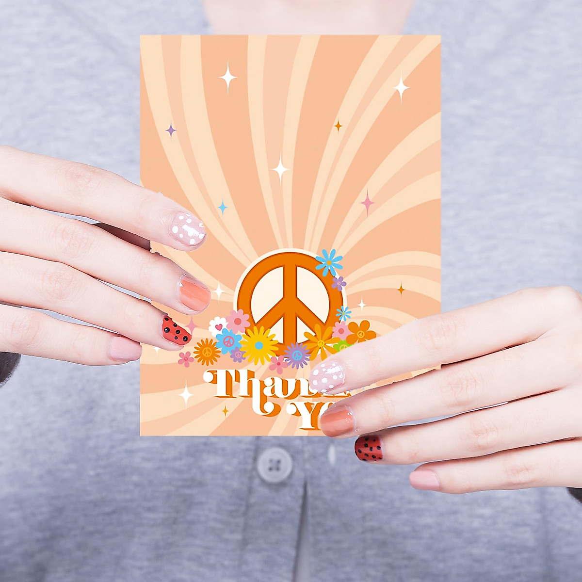 Qpout 24 Pack Groovy Retro Hippie Thank You Cards Boho Rainbow Flower Greeting Cards with White Envelops and Matching Sealing Stickers for Thanksgiving Birthday Thank You Theme Party Supplies