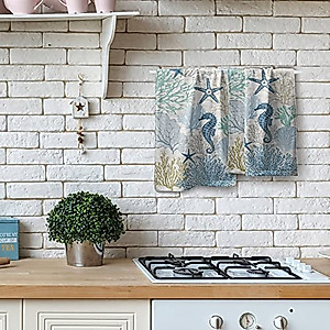 Blue Coral Hand Towels Set of 2 Sea Horse Decorative Bathroom Towels Super Soft Absorbent Towels for Yoga Gym Spa Kitchen 28x14 Inch