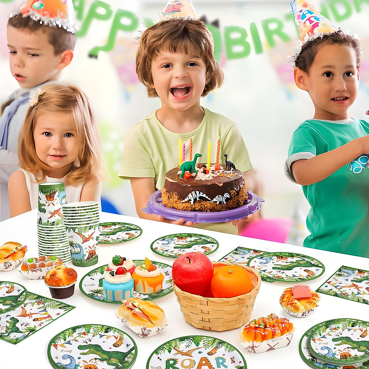 96Pcs Dinosaur Birthday Party Supplies -24 Guest Dino Plates Cups and Napkins For Boys Kids three rex Birthday decorations Baby Shower