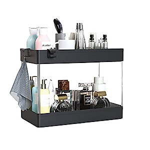 Under Sink Organizer and Storage Rack, 2 Tier Bathroom/Kitchen/Office Organizer with Hooks, Multi Purpose Storage Rack, Table Top Organizer (Black)