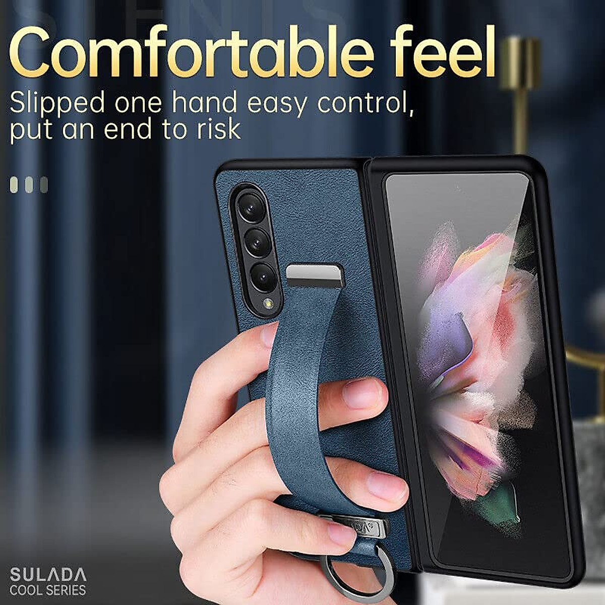 EAXER for Samsung Galaxy Z Fold 3 5G Shockproof Wristband Bracket Leather Phone Case Slim Shockproof Hybrid Rugged Protective Cover for Galaxy Z Fold 3 5G (Blue)