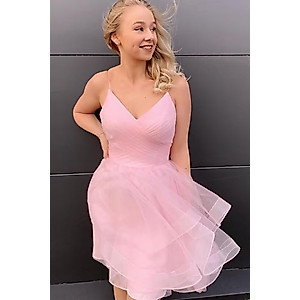 ZSHAOLHYJYZS Homecoming Baby Pink Homecoming Dress Tulle Spaghetti Straps Short Prom Dress for Teens Puffy Ruflle V Neck Mini Dress Size 16W