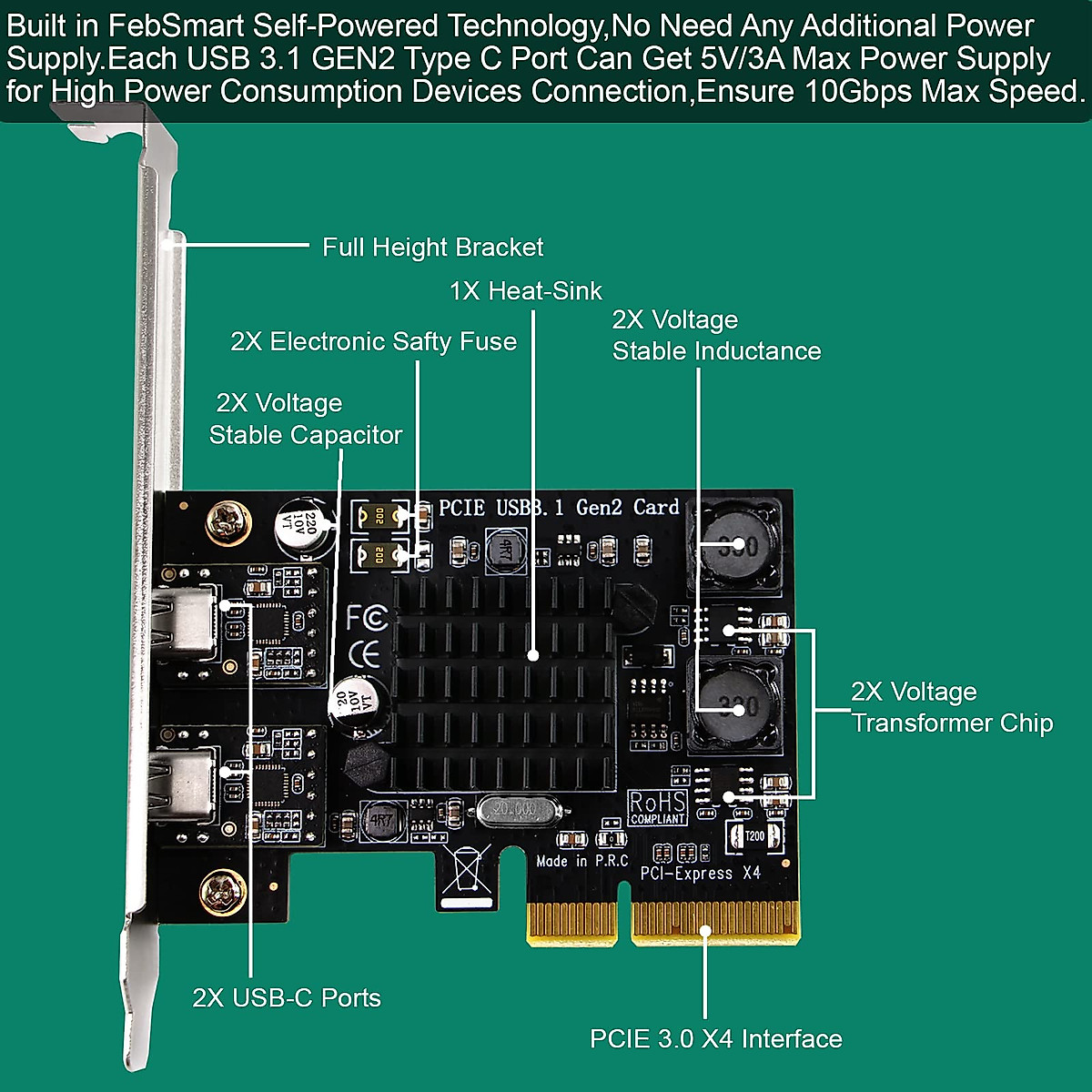 FebSmart 2X 10Gbps Max Speed USB-C Ports PCIE USB 3.1 GEN 2 Expansion Card for Windows, MAC OS and Linux PCs, Built in FebSmart Self-Powered Technology, No Need Additional Power Supply (FS-C2-Pro)