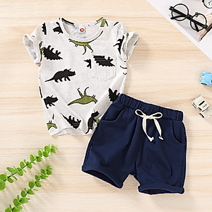 YOUNGER TREE Toddler Baby Boy Summer Clothes Dinosaur T-Shirt and Shorts Boy Outfits 12 Months to 4T（Blue,18-24 Months