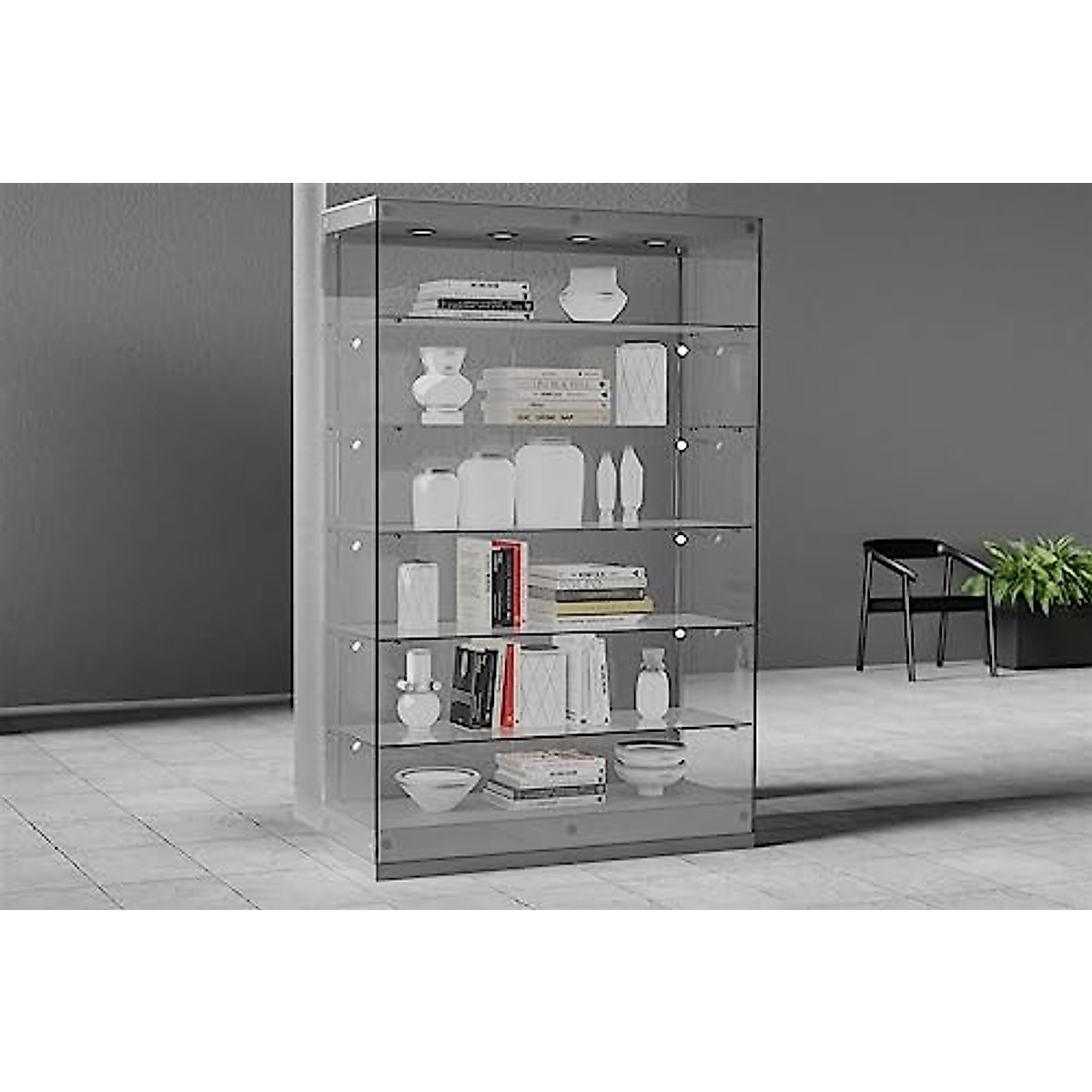 Displays2go, Illuminated Full Vision Cabinets, Tempered Glass, Painted MDF Construction – Clear, Silver Finish (GTAP48LEDS)