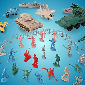 Liberty Imports 120 PCS Army Men Toy Soldiers & Battle Vehicles Military Action Figures Deluxe Bucket Set - World War II Little Plastic Action Figurines for Kids, Boys Imaginary Play