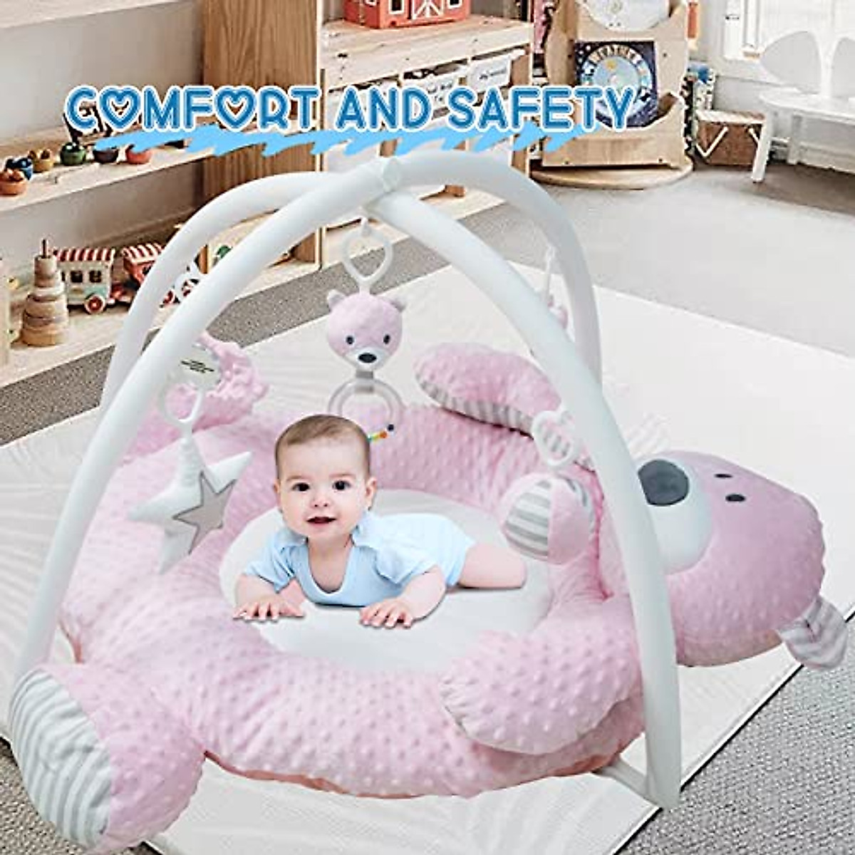 6-in-1 Baby Gym Play Mat, Detachable Plush Play Gym and Play Mat for Sensory and Motor Skill Development Language Discovery, Thicker Non-Slip Baby Activity Gym, Babies to Toddlers as Gift (Pink)