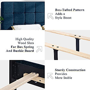 Allewie Queen Size Panel Bed Frame with Adjustable Headboard for High Profile/Fabric Upholstered/Square Stitched Padded Headboard/Box Spring or Bunkie Board Required/Navy Blue