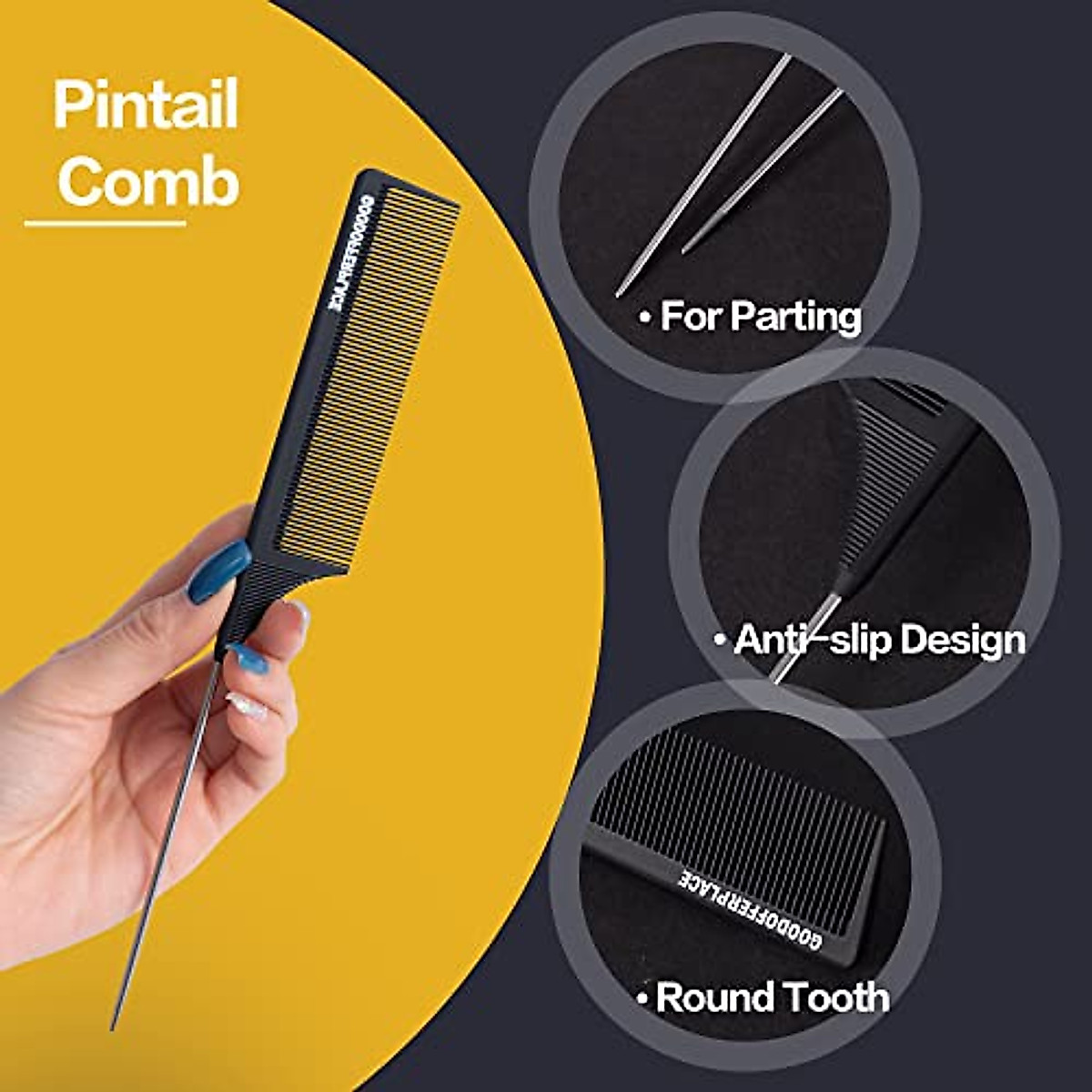 Goodofferplace 4PCS Hair Rat Tail Combs Carbon Parting Rattail Combs Teasing Fine Tooth Comb Metal Hair Pick Detangling Combs Set for Women,Girls for Curly,Braiding,Styling Hair(Black)