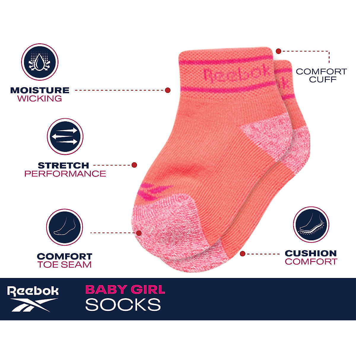Reebok Girl's 6 Pack, 12 Pack Comfort Cushion Quarter Cut Socks (Infant/Toddler), Size 2-4T, Pink/Grey (6 Pack)