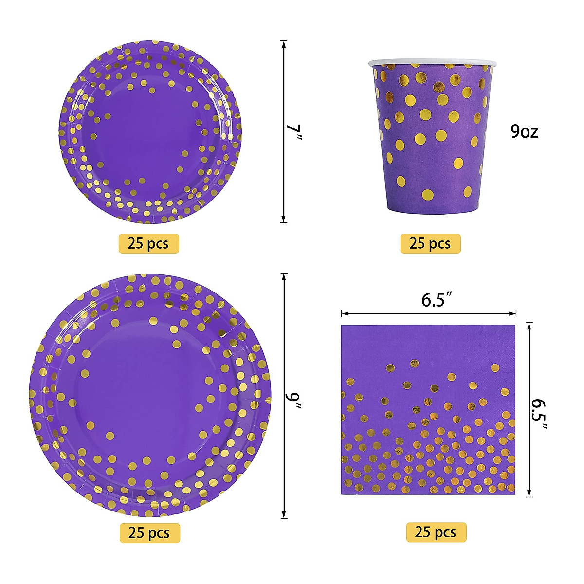 HOMIX Purple and Gold Party Supplies 175 Pieces Disposable Purple Paper Plates Napkins Cups, Gold Plastic Forks Knives Spoons for Mardi Gras, Birthday Decor, Cocktail Party