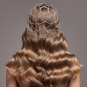 Juexica Rhinestone Mesh Headpiece for Women Head Chain 20s Cap Crystal Head Jewelry Flapper Headpiece Accessories for Bridal Party (Silver)