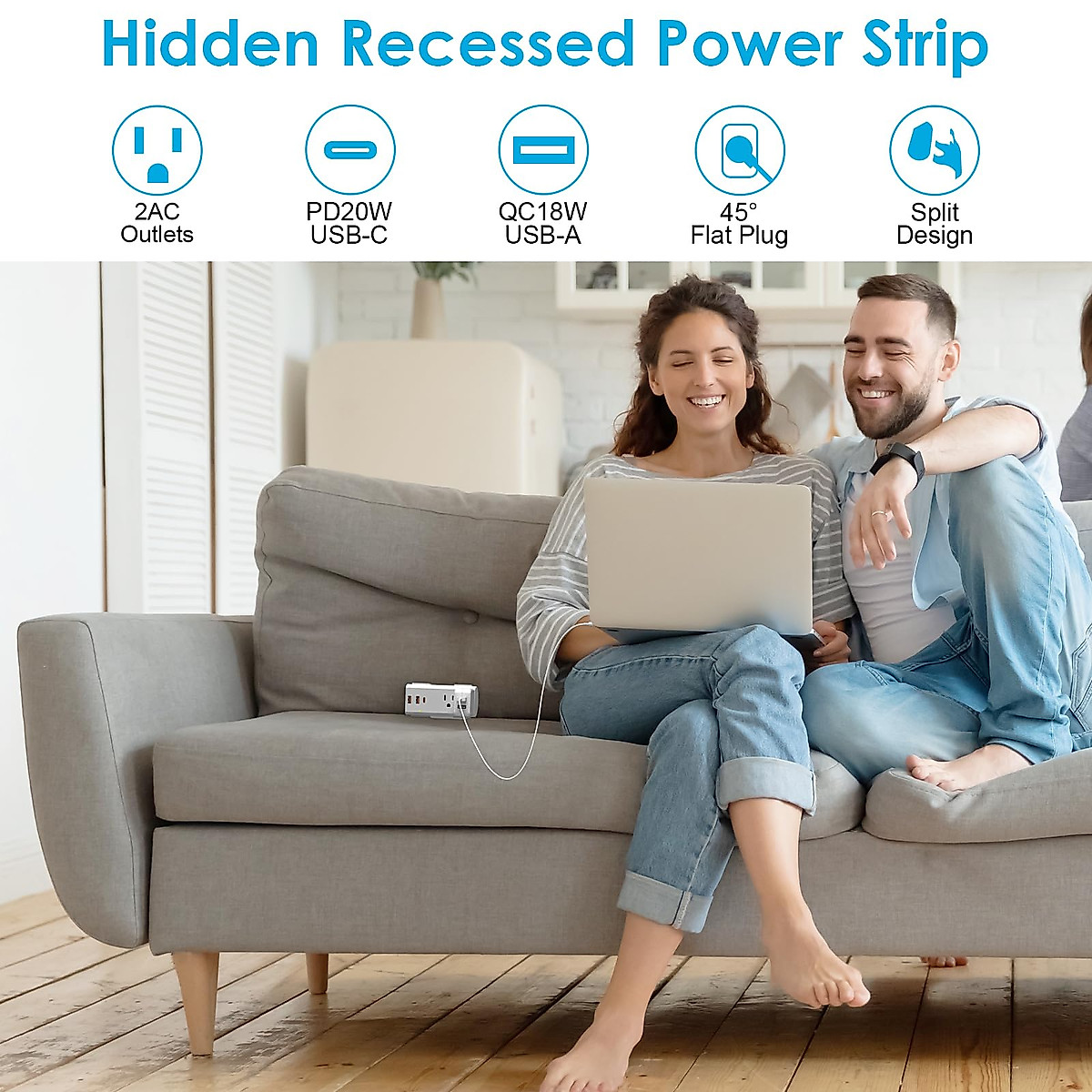 Hidden Sofa Socket, Couch Charging Station Plug in 2AC Outlets PD20W USB-C, QC3.018W USB-A,Furniture Outlet 1050J Surge Protector, Low Profile Extension Cord Flat Plug
