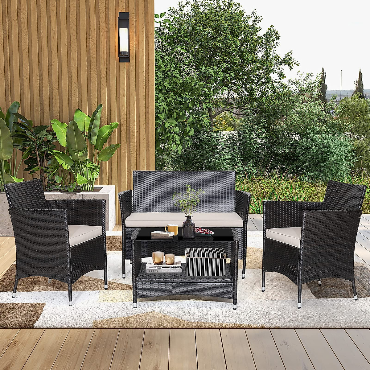 Tangkula 4 Pieces Patio Furniture Set, Patiojoy Outdoor PE Wicker Conversation Set with Soft Cushions and Tempered Glass Tabletop, Outdoor Garden Furniture Set with 2-Tier Coffee Table (Brown)