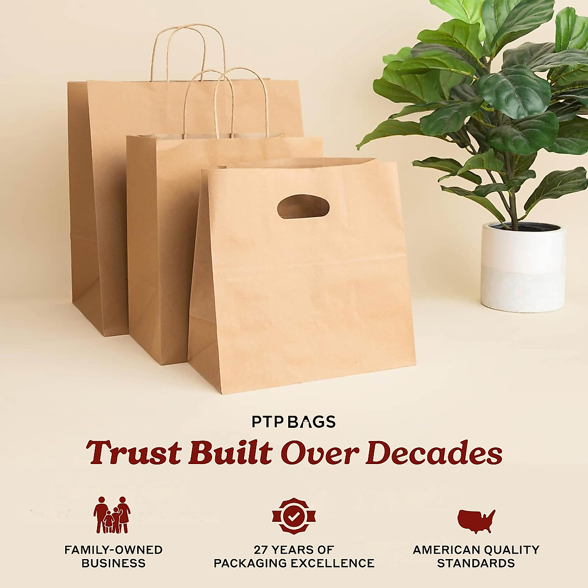 PTP BAGS Natural 11" x 6" x 11" Die Cut Tote Bags [Pack of 500] Kraft Paper Gift, Food Service Bags