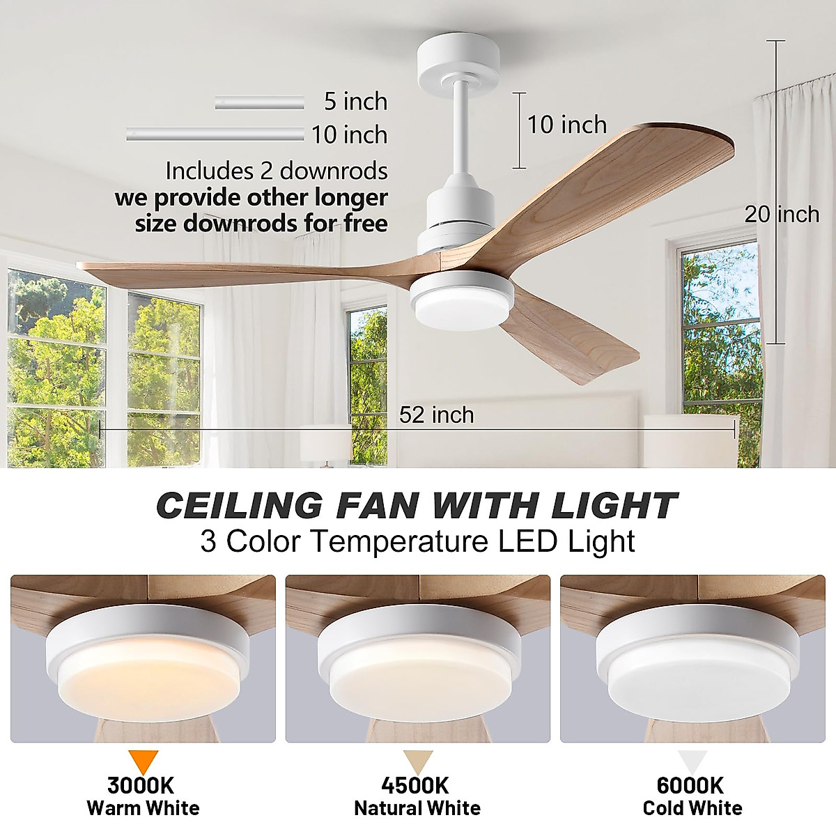 FXZZ 52 Inch Ceiling Fans with Lights and Remote, Quiet Reversible DC Motor and 3 Color LED Light, 3 Blades 6 Speed Wood Ceiling Fan for Farmhouse Living Room Bedroom Dining Room Workroom Study