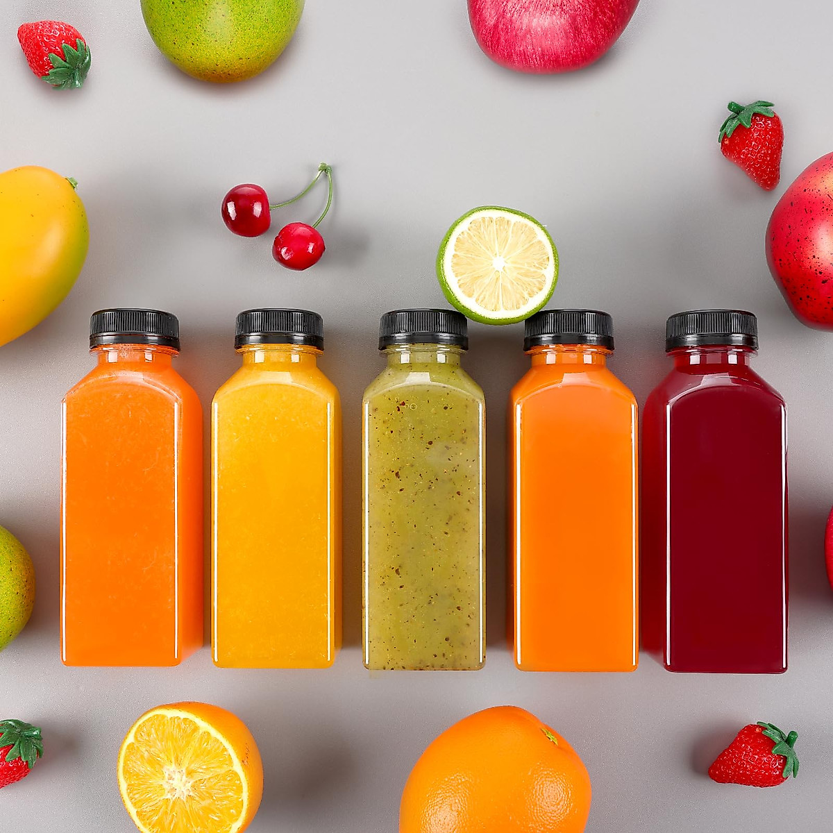 Moretoes 128pcs 12oz Juice Bottles, Plastic Juice Bottles with Caps, Reusable Drink Containers for Juicing, Smoothie and Other Beverages