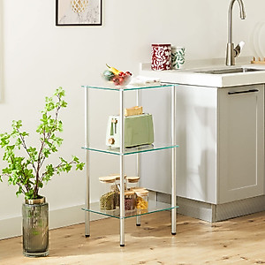 HOOBRO Glass Shelf, 3 Tier Standing Shelf Unit, Durable Glass Shelving Stand for Small Space, Space-Saving, for Bathroom, Bedroom, Home Office, Tempered Glass, Steel Frame, Silver SV03CJ01