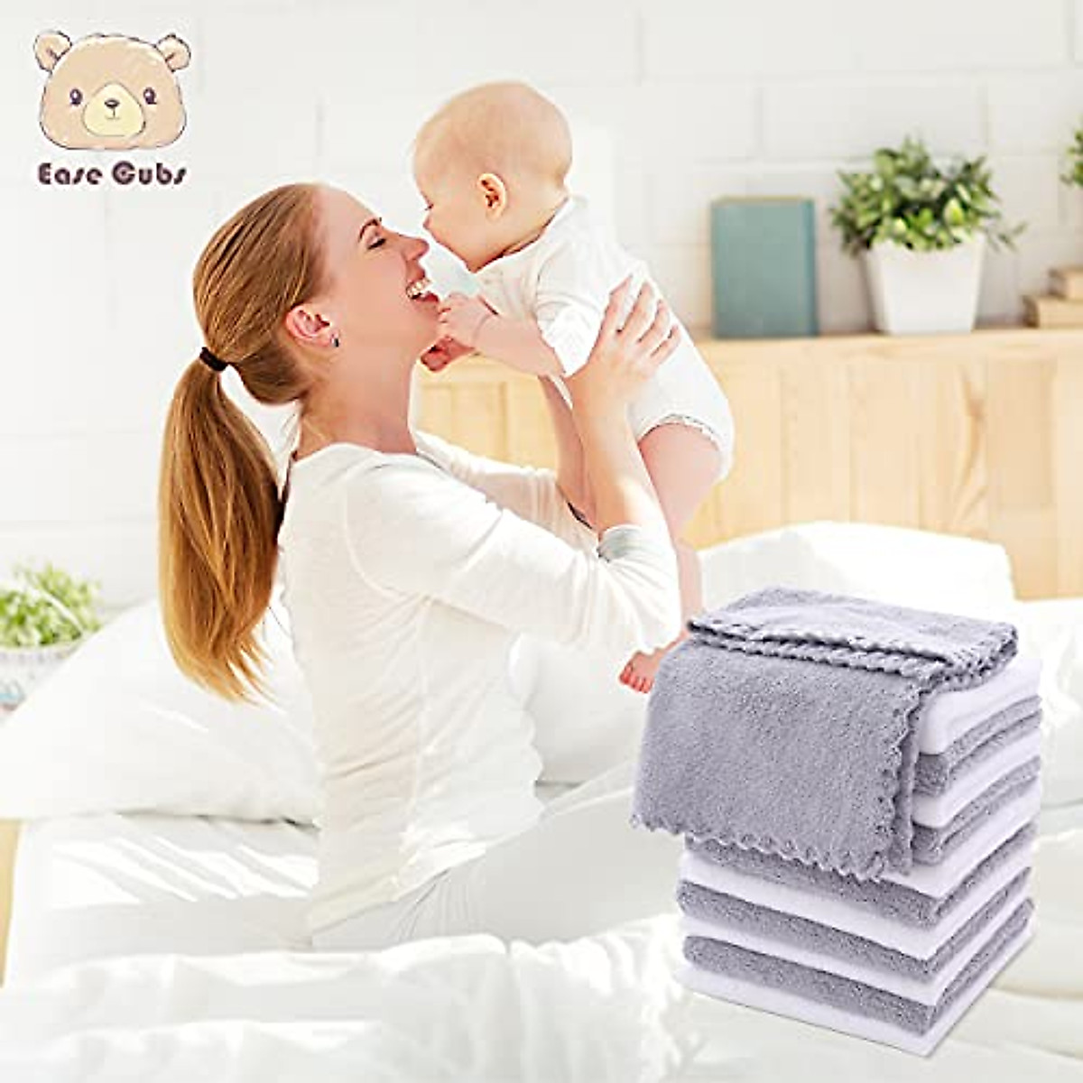 Ease Cubs 10 Pack Ultra Soft Burp Cloths for Baby and Newborn, 20" by 10" White and Grey