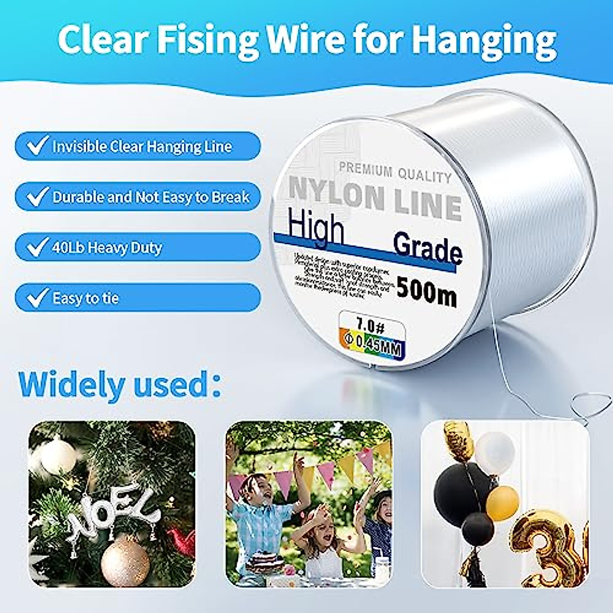 Clear Fishing Wire, 1640FT Fishing Line Clear Invisible Hanging Wire Strong Nylon String Supports 40 Pounds for Balloon Garland Hanging Decorations