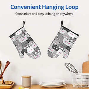 Ouqiuwa Hipster Cartoon Cute Cat Kitten Gray Oven Mitt/Glove for Easy Gripping Set of 2 Kitchen Accessories