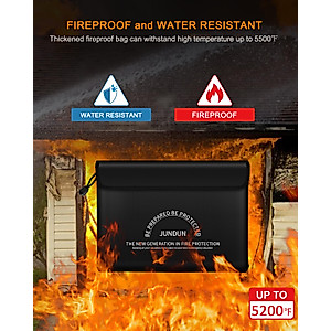 JUNDUN Fireproof Document Bag with 5200℉ Heat Insulated,14.0”x10.4” Waterproof and Fireproof Money Bag,8 Layers Thickened Fire Safe Storage Bag Pouch with Zipper for Document,Money,Black and Large