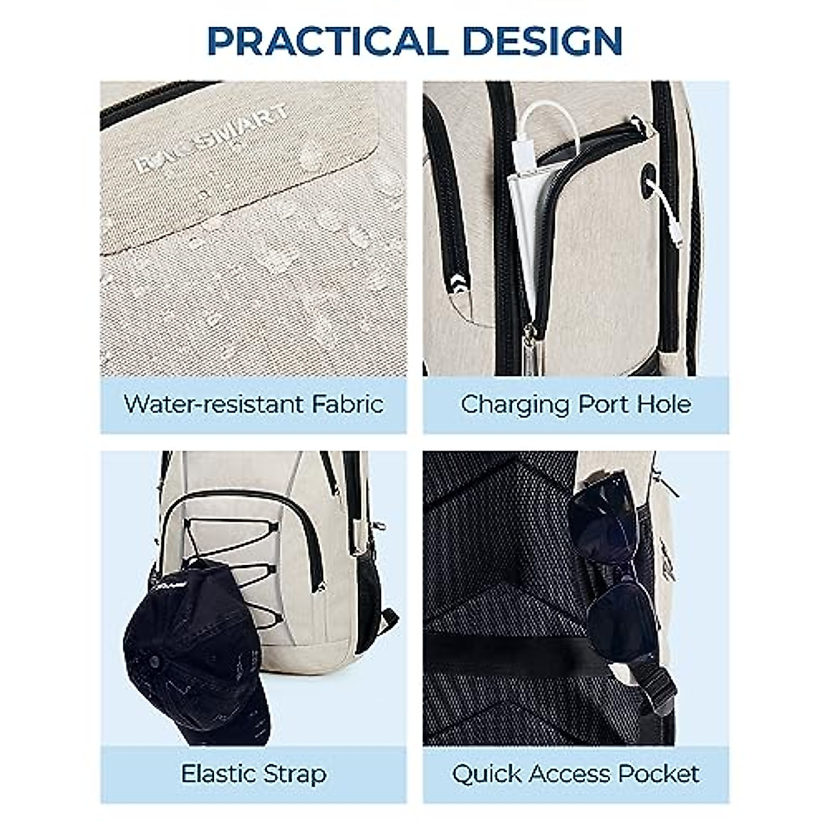 BAGSMART Travel Laptop Backpack, 15.6 inch Anti Theft Laptop Backpack With USB Charger Hole, Water Resistant College bookbag for Women Men, Casual Daily Backpack for travel, Beige