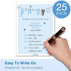 Set of 25 Baby Shower Invitations for Boy with Envelopes, Diaper Raffle Tickets and Baby Shower Book Request Cards
