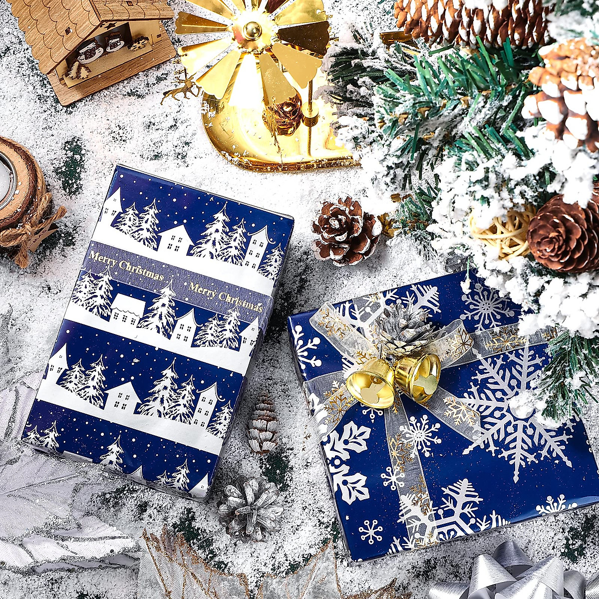 LeZakaa Navy Christmas Wrapping Paper Roll - Min Roll - Snowy Woodland Scenes/Snowflake/Tree for Gift Wrap, DIY Craft - 17 x 120 inches - 3 Rolls (42.5 sq.ft.ttl.)