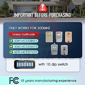 1 for Multicode Gate Opener Remote 3089 MCS308911,3060 MCS306010,3070 MCS307010 Garage Door Opener 3-Years-Warranty